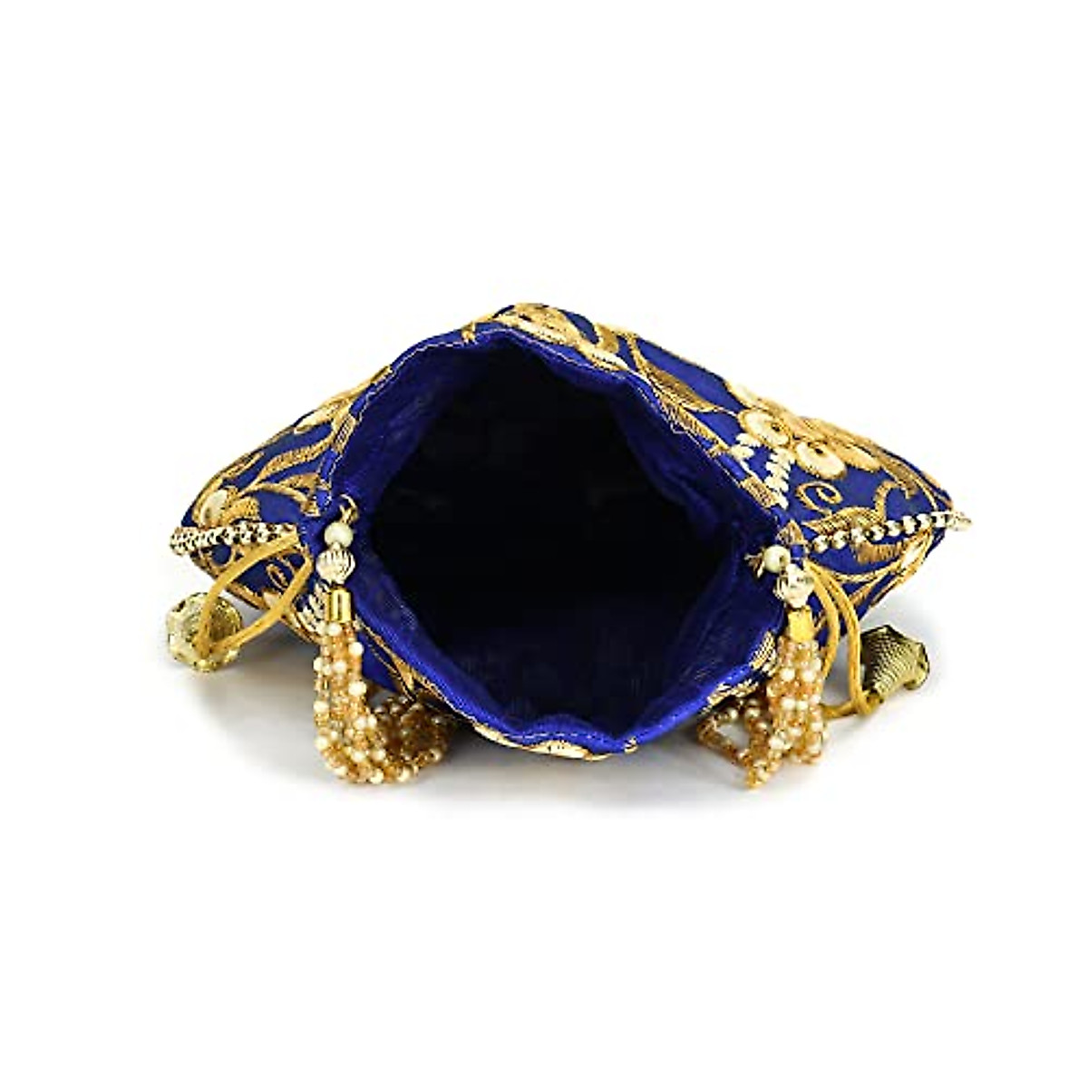 Ekavya Indian Drawstring Purse Bag Pouch Potli For Gift Jewelry Gifts Wedding Faux Pearls Strings Drawstring Bag for Women. Purse for Women (Blue)