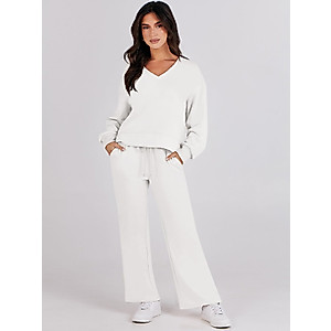ANRABESS Women’s Two Piece Outfits Matching Sets Long Sleeve V Neck Pullover Top and Wide Leg Pants 2023 Fall Tracksuit Lounge Sets A804baise-S, White