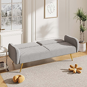 70“ Futon Bed with Mattress Included,Futon Couch Sofa Bed w/ Split Backrest and 2 Throw Pillows,Convertible Loveseat Sleeper w/ Gold Metal Legs and Arms for Living Room Bedroom Small Space (Grey)
