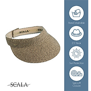 Scala Ladies Sun Visor Wide Brim Straw Boating Hat 3.5” Lightweight Comfortable Straw Visor for a Sunny Day