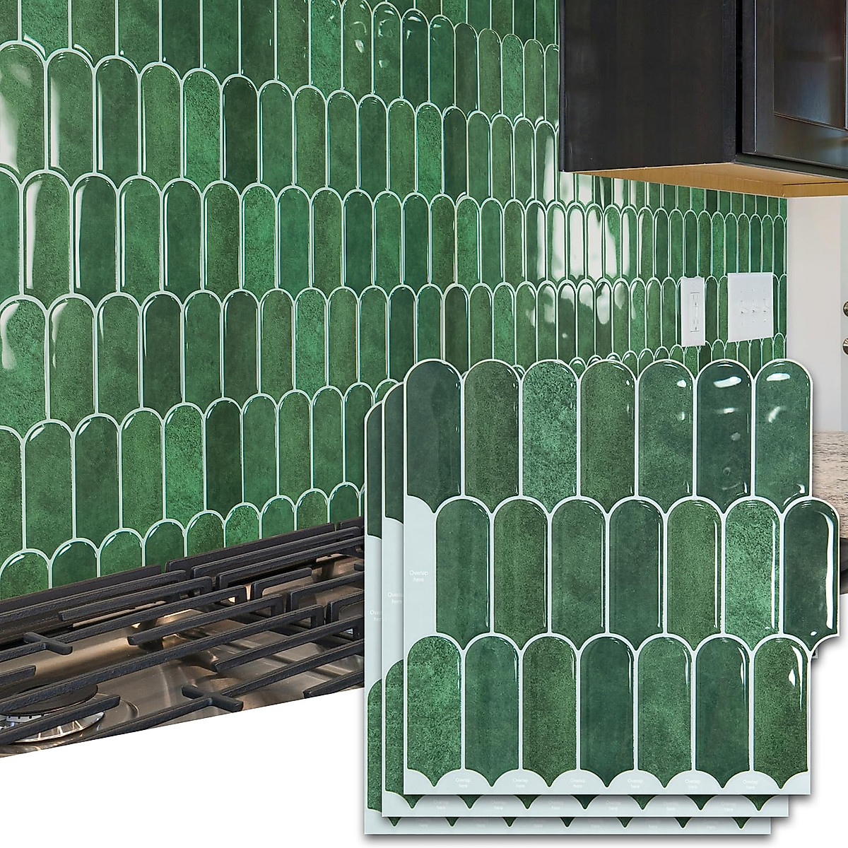 Art3d 10-Sheet Peel and Stick Kitchen Backsplash Tile, Vinyl Stick On Wall Tile Sticker for Bathroom Laundry Room Back Splashes, 12"x12" Green