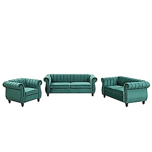 3-Piece Sofa Sets Living Room Sets with Solid Wood legs, Buttoned Tufted Backrest, Frosted Velvet Upholstered Couches Sets Including 3-Seat Sofa, Loveseat and Chair for Living Room (Green)