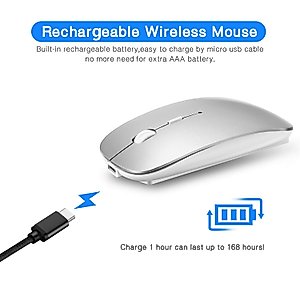 Bluetooth Wireless Mouse, Dual Mode Slim Rechargeable Wireless Mouse Silent Cordless Mouse with Bluetooth 4.0 and 2.4G Wireless, Compatible with Laptop, PC, Windows Mac Android OS Tablet (Silver)