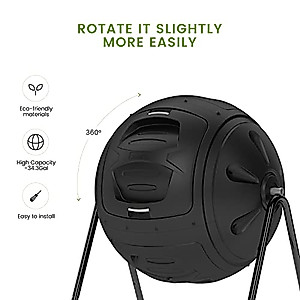 SQUEEZE master Light Weight Spherical Compost Bin Tumbler Outdoor Garden- Quick Assembly -with Drain Plugs to Collect Liquid-Fast Composting (35 Gallon,Black)