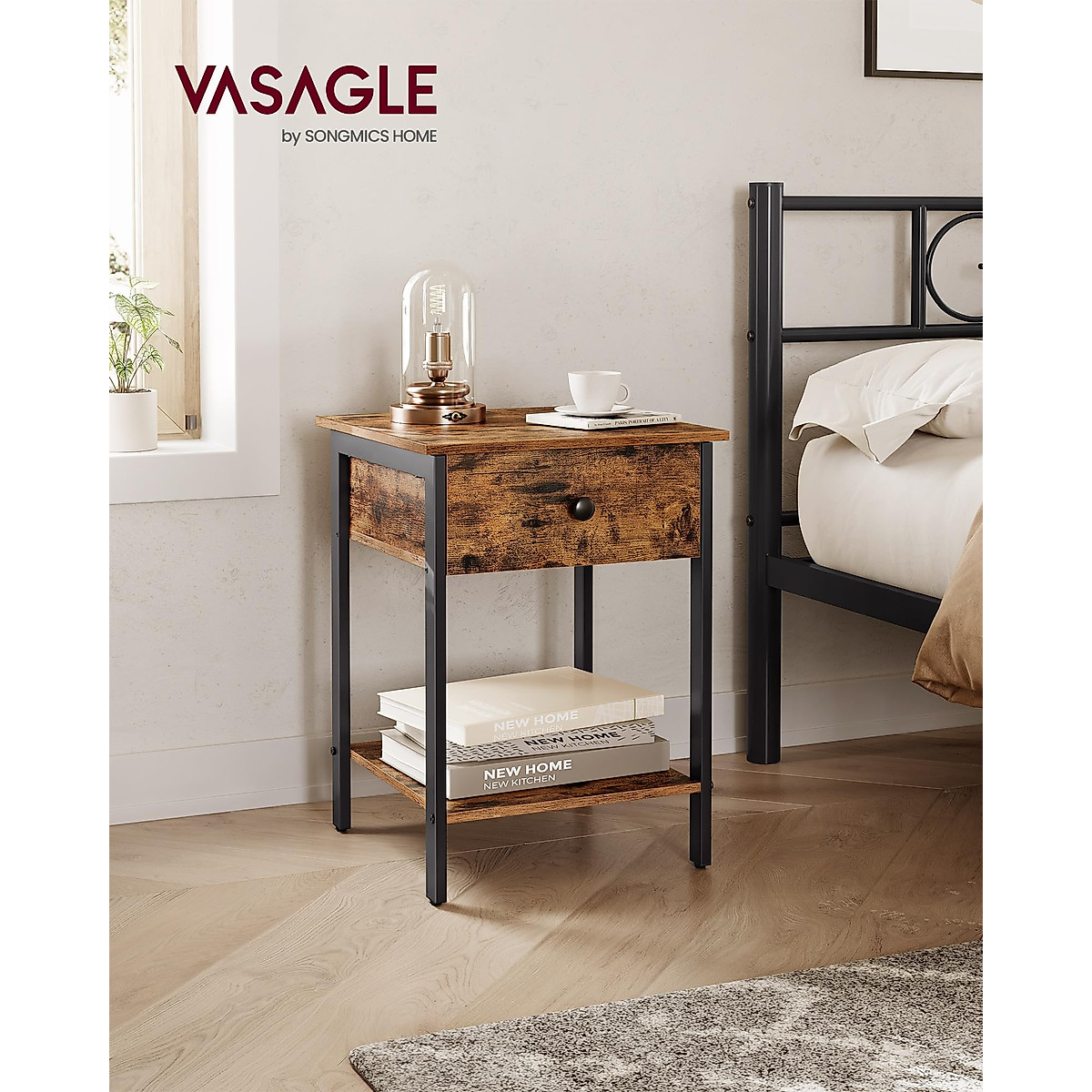 VASAGLE Nightstands Set of 2, Bedside Tables with Drawer, Side Tables, End Tables, for Bedroom, Office, Industrial, Stone Gray and Black ULET506B04