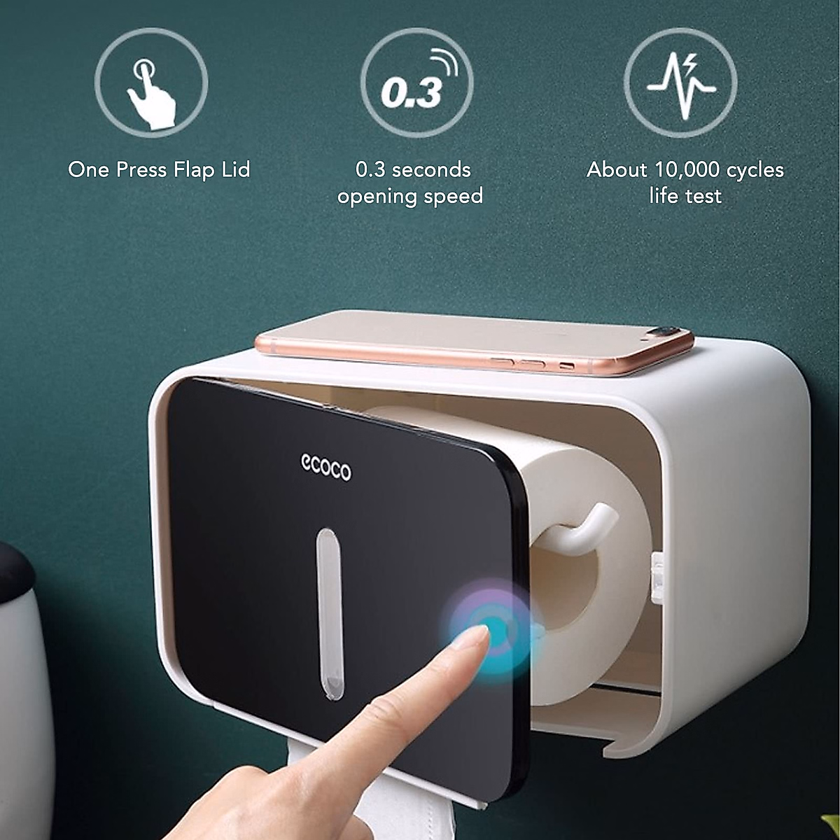 Wall Mounted Bathroom Paper Towel Holder, Non Perforated Toilet Paper Roll Holder, Large Capacity Waterproof Paper Towel Dispenser, Double Spout for Soap, Cell Phone or Other Items(Black)