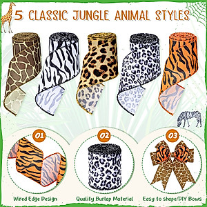 5 Rolls Jungle Animal Wired Ribbons 2.5 Inch Safari Animal Burlap Wrapping Ribbon for Crafts Leopard Zebra Cheetah Green Leaves Printed Ribbon for DIY Craft, Wild One Party Decor (Cool Style)