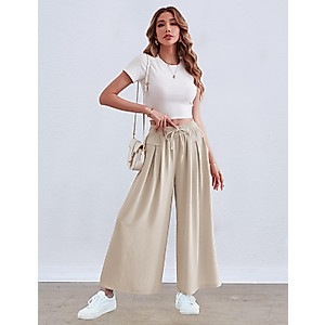 ZJCT Wide Leg Palazzo Pants for Women Summer Beach Pants Flowy Loose Casual Lounge Pajama Yoga Pants with Pockets Apricot L