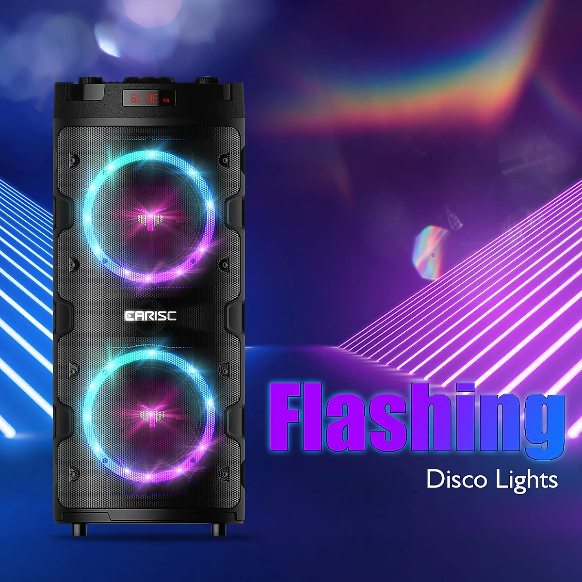 EARISE M62 Portable Bluetooth PA Speaker, Dual 6.5" Rechargeable Indoor/Outdoor Bluetooth Karaoke Audio System, TWS, Party Lights, LED Display, FM/AUX/MP3/USB/SD/TF