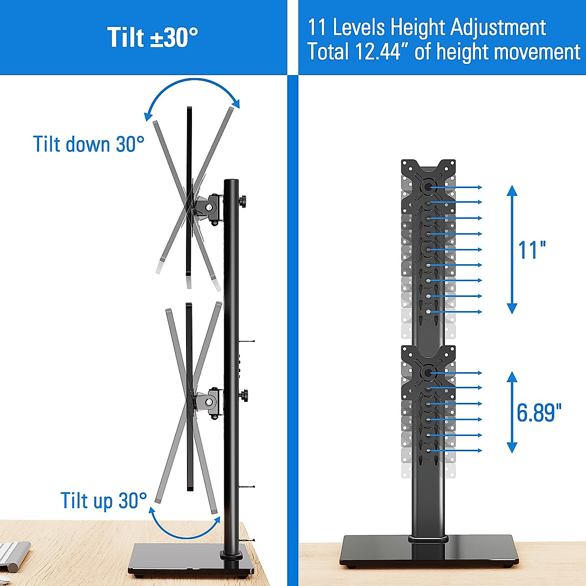 MOUNTUP Vertical Dual Monitor Stand, Stack Two Screens up to 32 inches,17.6 Lbs, Free-Standing Monitor Desk Mount, Monitor Riser with Swivel, Tilt, Height Adjustable, VESA Stand 100 x 100mm, 75 x 75mm