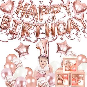 First Birthday Balloon Boxes Decorations for Girl, 72Pcs 1st Birthday Party Decorations Includes White Transparent Boxes Baby Rose Gold Balloons 40 Inch Foil Balloons 18 Inch HAPPY BIRTHDAY Foil