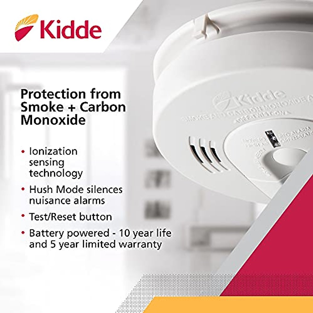 Kidde Smoke & Carbon Monoxide Detector with Voice Alerts, Battery Powered, Combination Smoke & CO Alarm & Smoke Detector, Hardwired Smoke Alarm with 9-Volt Battery Backup, Test-Reset Button