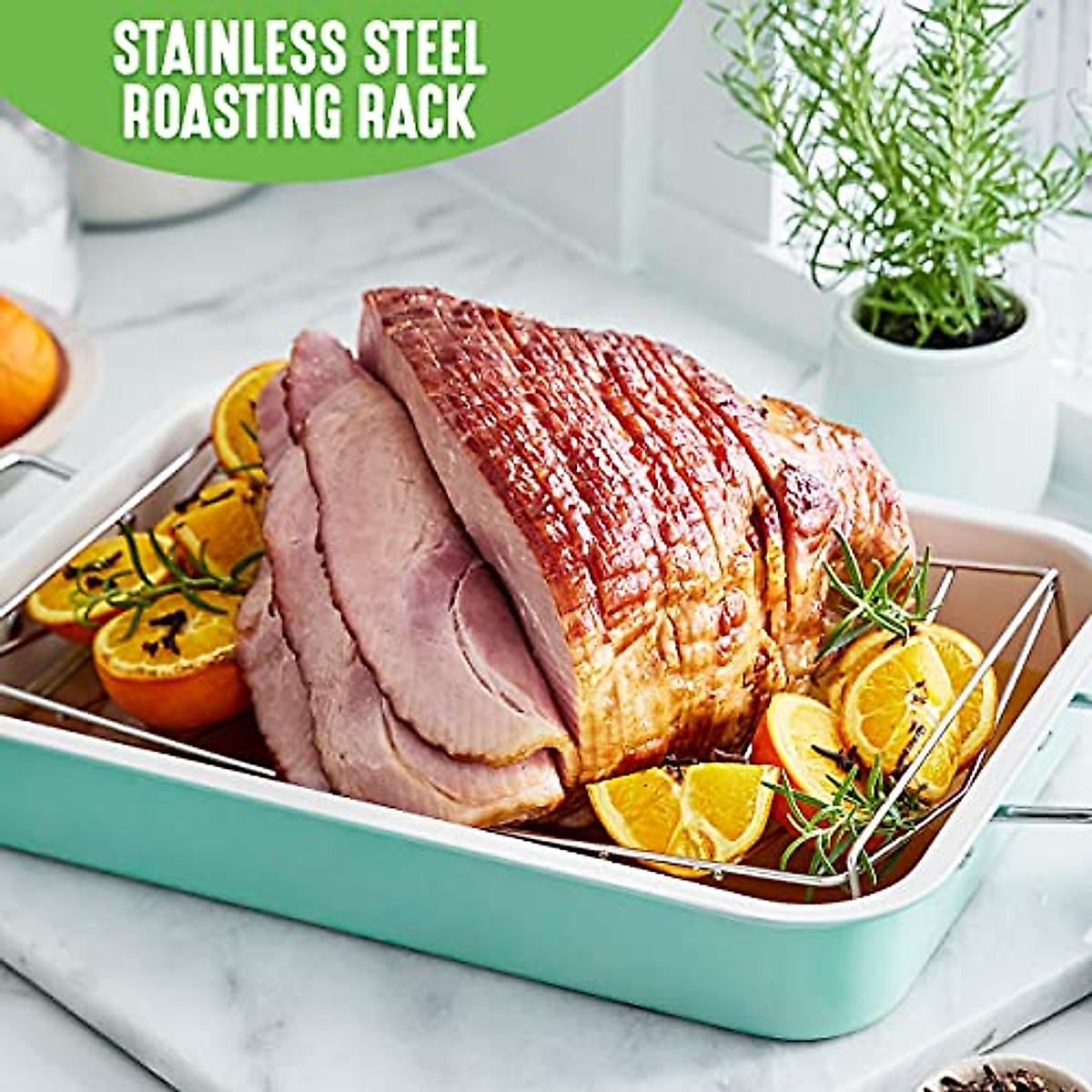 GreenLife Soft Grip Healthy Ceramic Nonstick, 16.5" x 12" Roasting Pan with Stainless Steel Roaster Rack, PFAS-Free, Dishwasher Safe, Turquoise