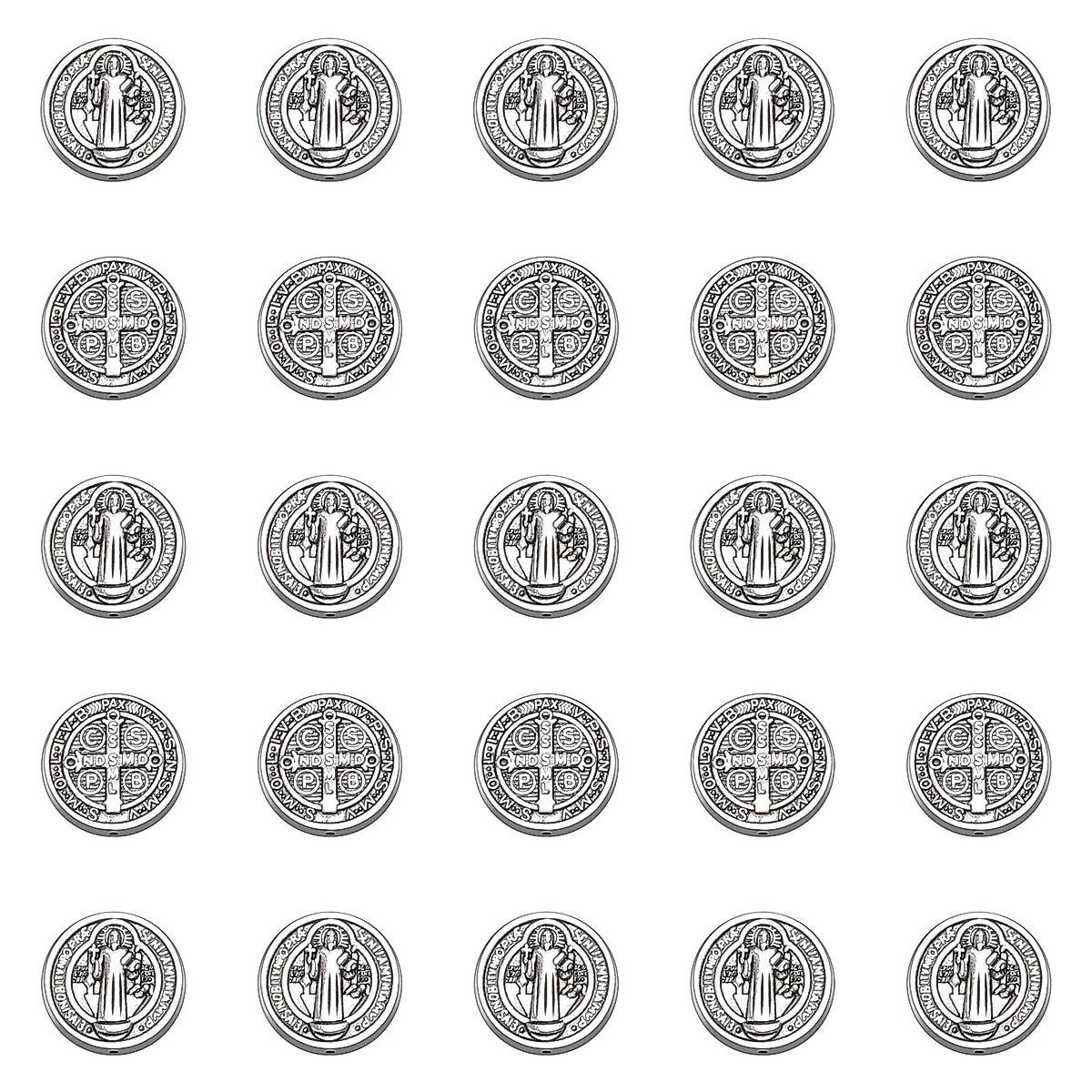 60Pcs Alloy Jesus Cross Saint Benedict Medal Religious Spacer Beads Charms Flat Round Double-Sided Loose Beads For DIY Catholic Rosary Beads Necklace Bracelet Jewelry Making