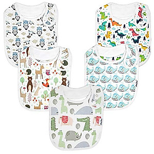 KiddyStar Premium Organic Cotton Toddler Bib, 5-pack Extra Large Baby Bibs, Baby Shower Item for Feeding, Drooling, Teething (Dinos & Whales)