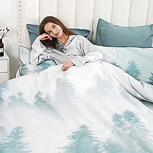 David's Home 100% Cotton Duvet Cover Set Queen Size, Misty Forest Duvet Cover with Pillow Shams, 3pcs Ultra Soft and Breathable Comforter Cover Set, 90x90 Inches, Green