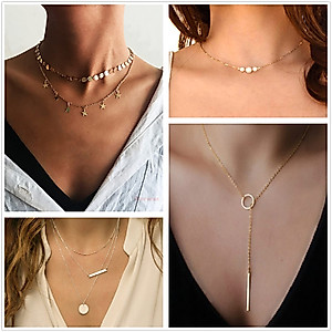 Honsny Layered Choker Necklace for Women Coin Moon Star Multilayer Choker Necklaces Charm Tiered Choker Chain Gold Necklace Set Adjustable Silver Bar Pendant Y Necklace
