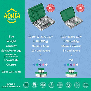 AOHEA Stainless Steel Lunch Box for Kids, Leak Proof Bento Lunch Box BPA Free 304 Stainless Steel Bento Box Stainless Bento Box with Containers for School and Office(Green)