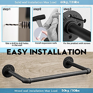 Boshangjia Industrial Pipe Clothes Rack Set of 2, 21” Heavy Duty Wall Mounted Clothing Rack Multi-Purpose Garment Bar, Space-Saving Hanging Rod for Laundry Room,Closet Storage