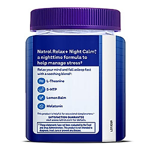 Natrol Mood+ Stress Relax+ Night Calm Gummies With L-Theanine, 5-HTP, Lemon Balm and Melatonin, Drug-Free Dietary Supplement for Nighttime Stress and Better Sleep, 50 Gummies, 25 Day Supply