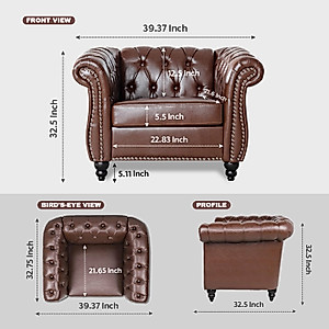 Vaztrlus Chesterfield Chairs, Brown Faux Leather Chairs Living Room, Roll Arm Accent Chairs, Deep Seat Comfy Classic Club Wingback Single Sofa Chair for Bedroom Office Sofa Chair