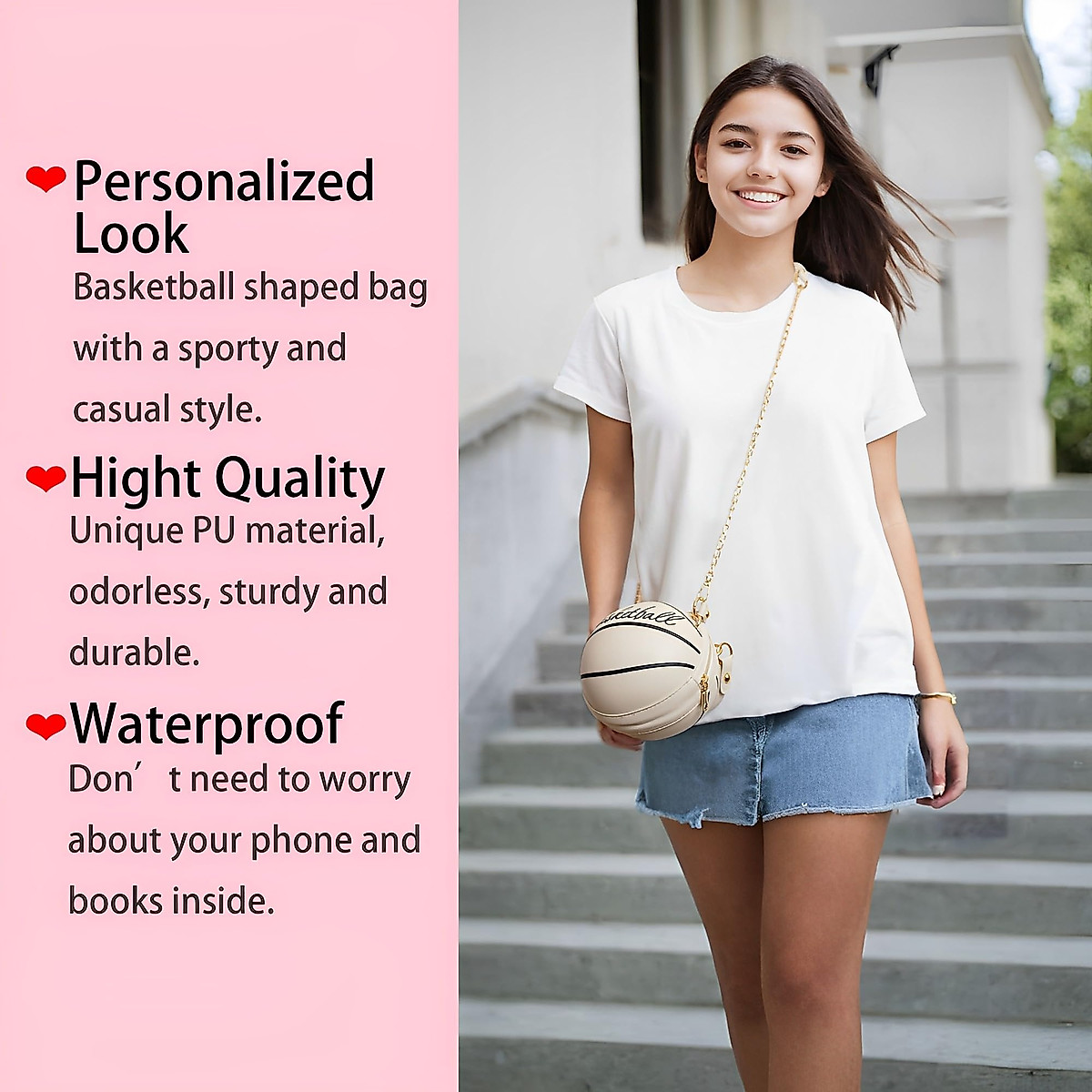 WLC Basketball Shape Purse,PU Spherical Shape Shoulder Bag for Women, White