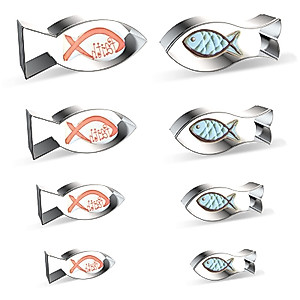 Fish Goldfish Cookie Cutter Set - 8 Piece Christian Jesus Fish Cookie Cutters Shapes Multi Includes Mini Small Medium Large / 4 Inch 3 Inch 2 Inch Cutters Mold for Religious Baptism Communion Supplies