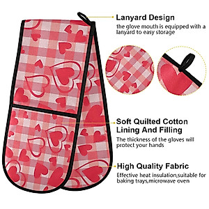 Valentines Mother's Day Double Oven Mitt 7 X 35 in Plaid Hearts Love Oven Gloves Mitts Heat Insulation Home Kitchen Cooking for Pot Holder BBQ Grilling Baking Decor Gifts