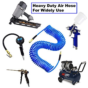 YOTOO Polyurethane Recoil Air Hose 1/4" Inner Diameter by 50' Long with Bend Restrictor, 1/4" Industrial Quick Coupler and Plug, Blue