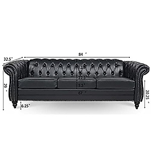 84" PU Rolled Arm Chesterfield 3 Seater Sofa Black, Mid Century Modern Couch for Small Spaces