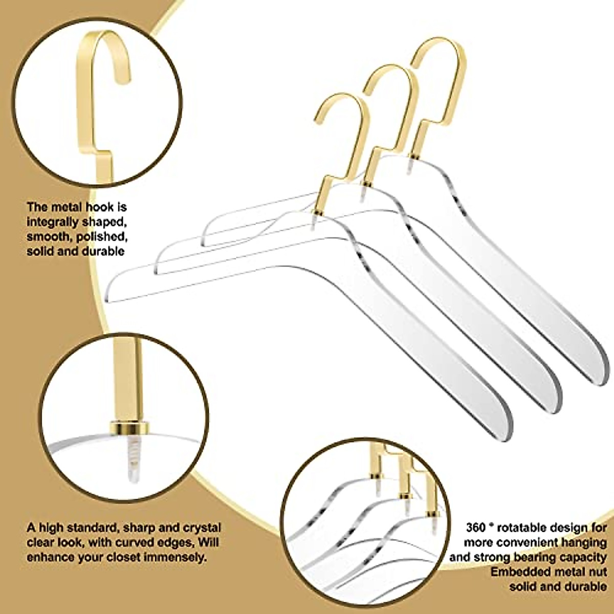Quality Clear Acrylic Lucite Coat Suit Hangers, Stylish Clothes Hanger with Silver Hook - Coat Hanger for Dress, Suit - Adult Closet Organizer Hangers Matte Gold, 5 Pcs