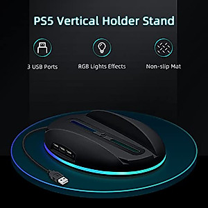 Tolesum RGB Vertical Holder Stand for PS5 Console, LED Light Base with 3 Extra USB Hub Docking Station Stand for PS5 Console - Black