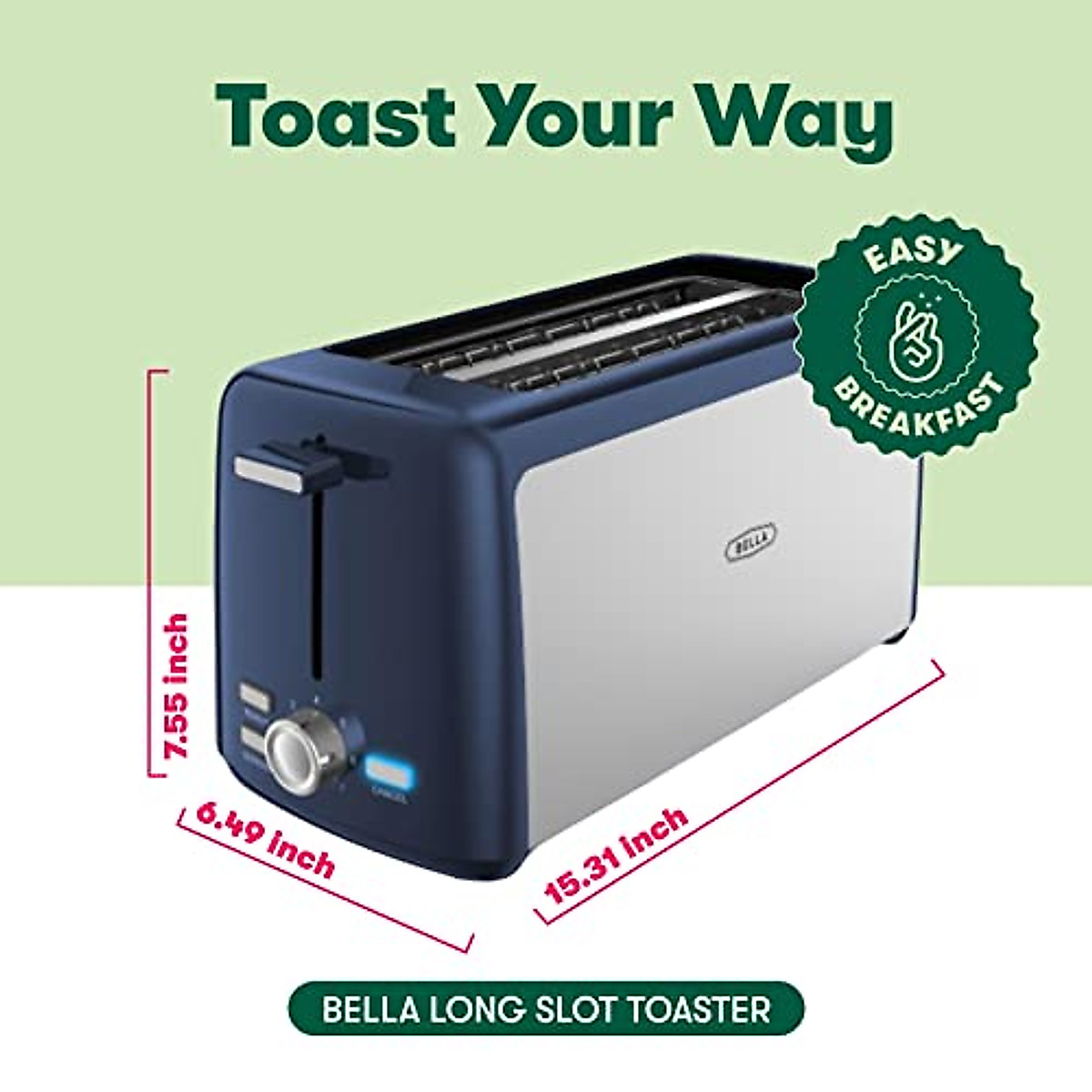 BELLA 4 Slice Long Slot Toaster, Stainless Steel and Blue