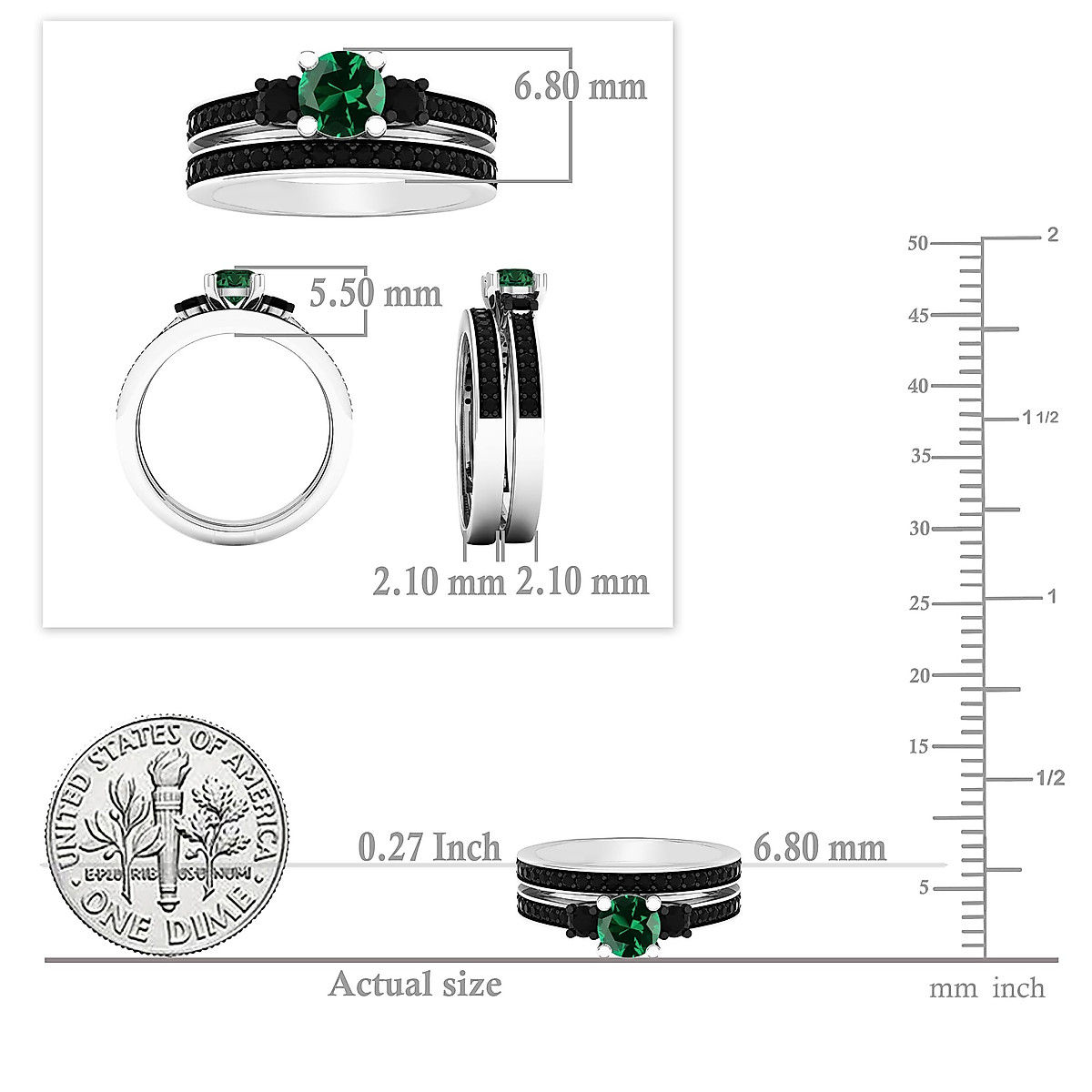 Dazzlingrock Collection 5 MM Center Round Lab Created Emerald with Natural Black Diamond Three Stone Engagement Ring Set for Women | 925 Sterling Silver, Size 5.5