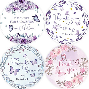 96pcs Purple Butterfly Round Stickers, Thank You for Fluttering by Stickers, Butterfly Birthday Stickers, Butterfly Thank You Stickers for Floral Themed Bridal Shower Party Favors