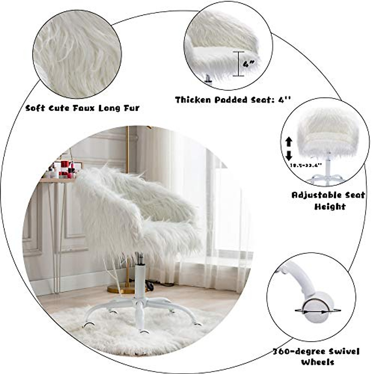 Cute Fluffy Desk Chair Rolling Vanity Chair with Back Faux Fur Home Office Chair with Wheels Adjustable Height Armchair for Teens Adults Study Room Bedroom, White