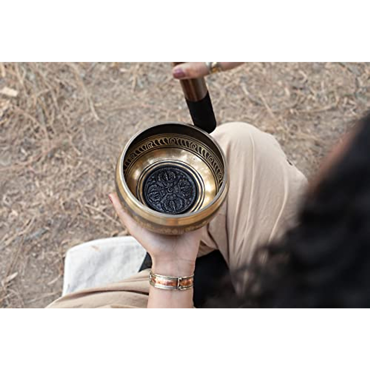 Large Tibetan Singing bowl Set - Bronze Style - Easy To Play - 5" Sound Yoga Bowl Mantra Design Mindfulness Meditation Healing Sound Gift By Himalayan Bazaar