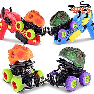 FiGoal 2 Pack Dinosaur Cars with Toy Gun Ejecting Friction Powered Dino Car Transforming Dinosaur Toys Car Gifts for Boys Girls Toddlers Classroom Prize Gifts