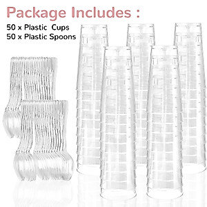 TOFLEN 50 Pack 3 oz Mini Dessert Cups with Lids and Spoons, Round Tall Plastic Dessert Shooters Party Serving Tumbler Cups for Parfait Appetizers & Dessert Shot Glasses