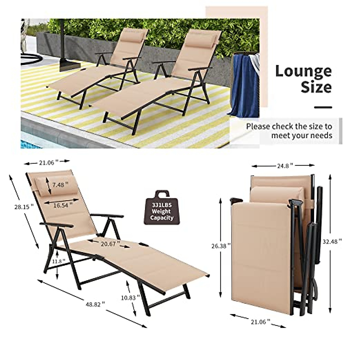 GYUTEI Outdoor Folding Lounge Chair 2 Sets Reclining Adjustable Lightweight Chaise Lounge Chair with 7 Position Adjustable Backrest for Beach,Swimming Poolside,Patio(Khaki)