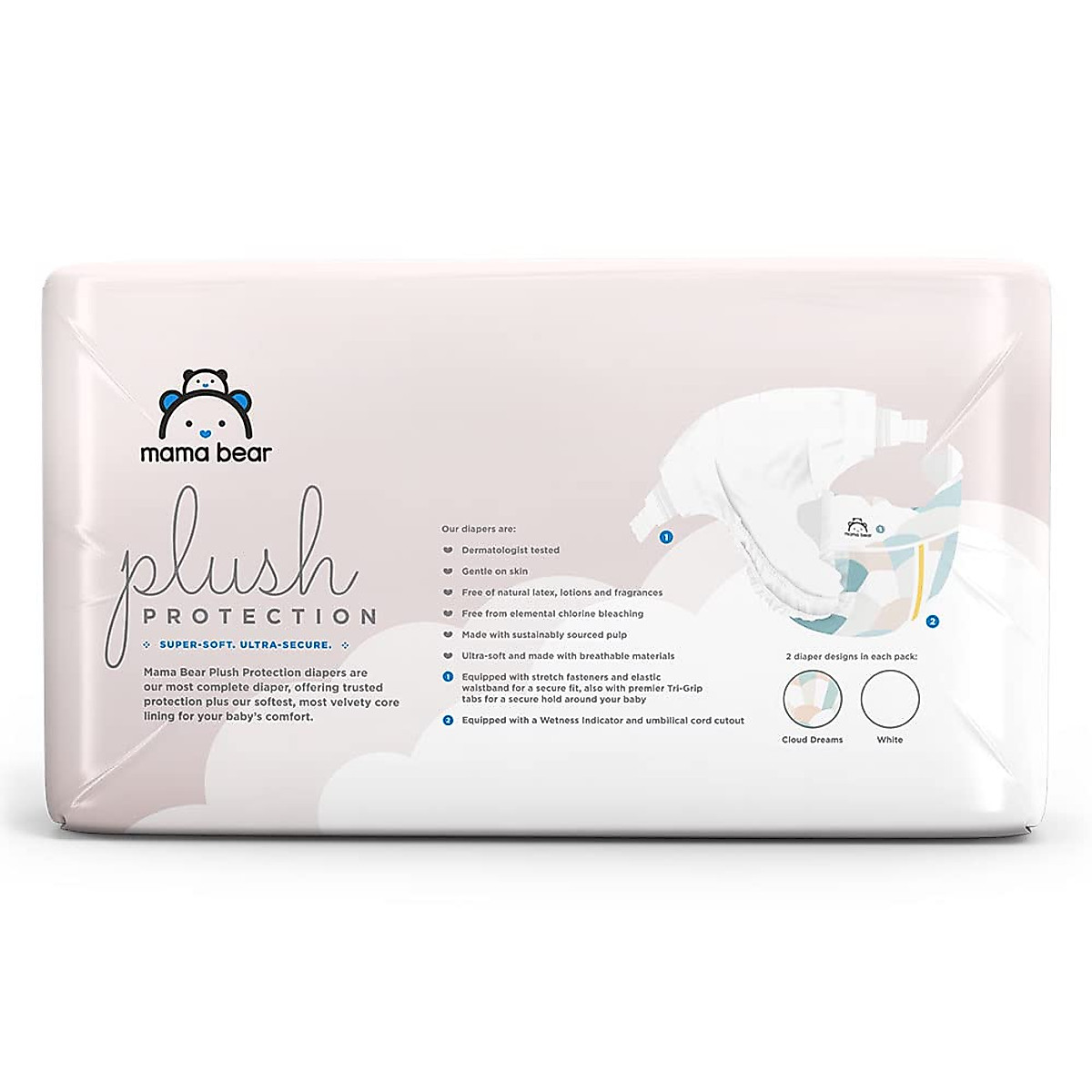 Amazon Brand - Mama Bear Plush Protection Diapers, Hypoallergenic, Size 1, 54 Count, White and Cloud Dreams
