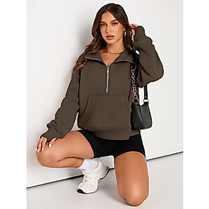 AUTOMET Womens Sweatshirts Half Zip Cropped Pullover Fleece Quarter Zipper Hoodies 2024 Fall Fashion Outfits Clothes Thumb Hole Coffee