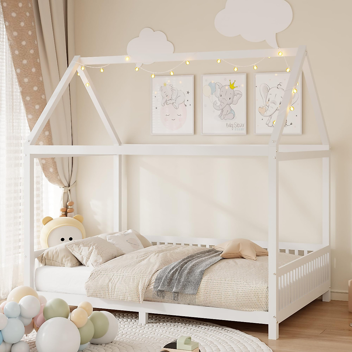 Merax Full Size House Bed for Kids, Wood Platform Bedframe with Light and Guardrail for Teens Girls Boys, No Box Spring Needed, White