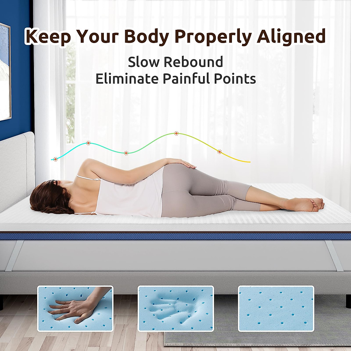 UniPon 4 Inch Gel-Infused Memory Foam Mattress Topper for Queen Size Bed, Ventilated Bed Foam Topper for Back Pain and Pressure Relief, High-Density Cooling Mattress Pad with Removable & Soft Cover