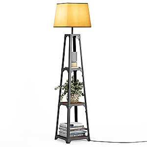 WAMPAT Shelf Floor Lamp Modern Standing Light for Living Rooms and Bedrooms Metal Frame with Open Box Display Shelves Black