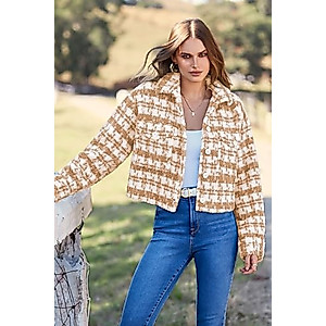 PRETTYGARDEN Women's Fall Plaid Shacket Jacket Faux Fur Lapel Open Front Cropped Winter Coats Outerwear (Light Khaki,Small)