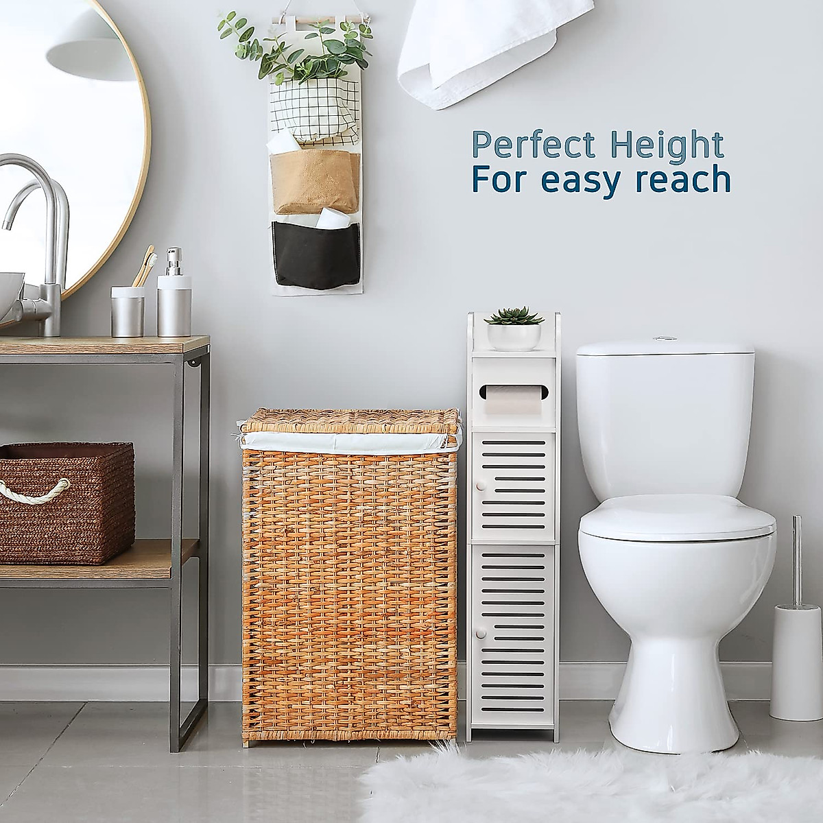 StorageBud Bathroom Storage Organizer - Floor Standing with Shelves - Includes 2 Apothecary Jars - Tall Bathroom Storage Cabinet for Toilet Paper, Towel & Other Bathroom Storage Accessories - White