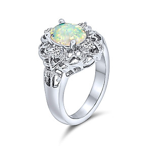 Bling Jewelry Vintage Style Cubic Zirconia Ornate Filigree Oval Flower White Created Opal Boho Full Finger Ring .925 Sterling Silver