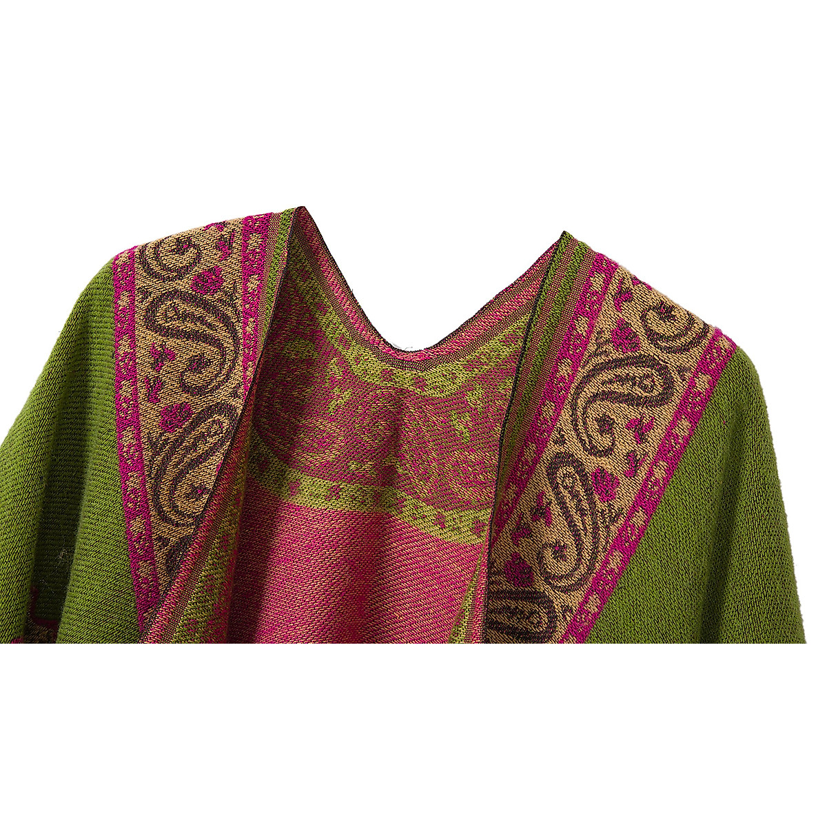 Women's Fashionable Retro Style Vintage Pattern Tassel Poncho Shawl Cape (series 2-Green)