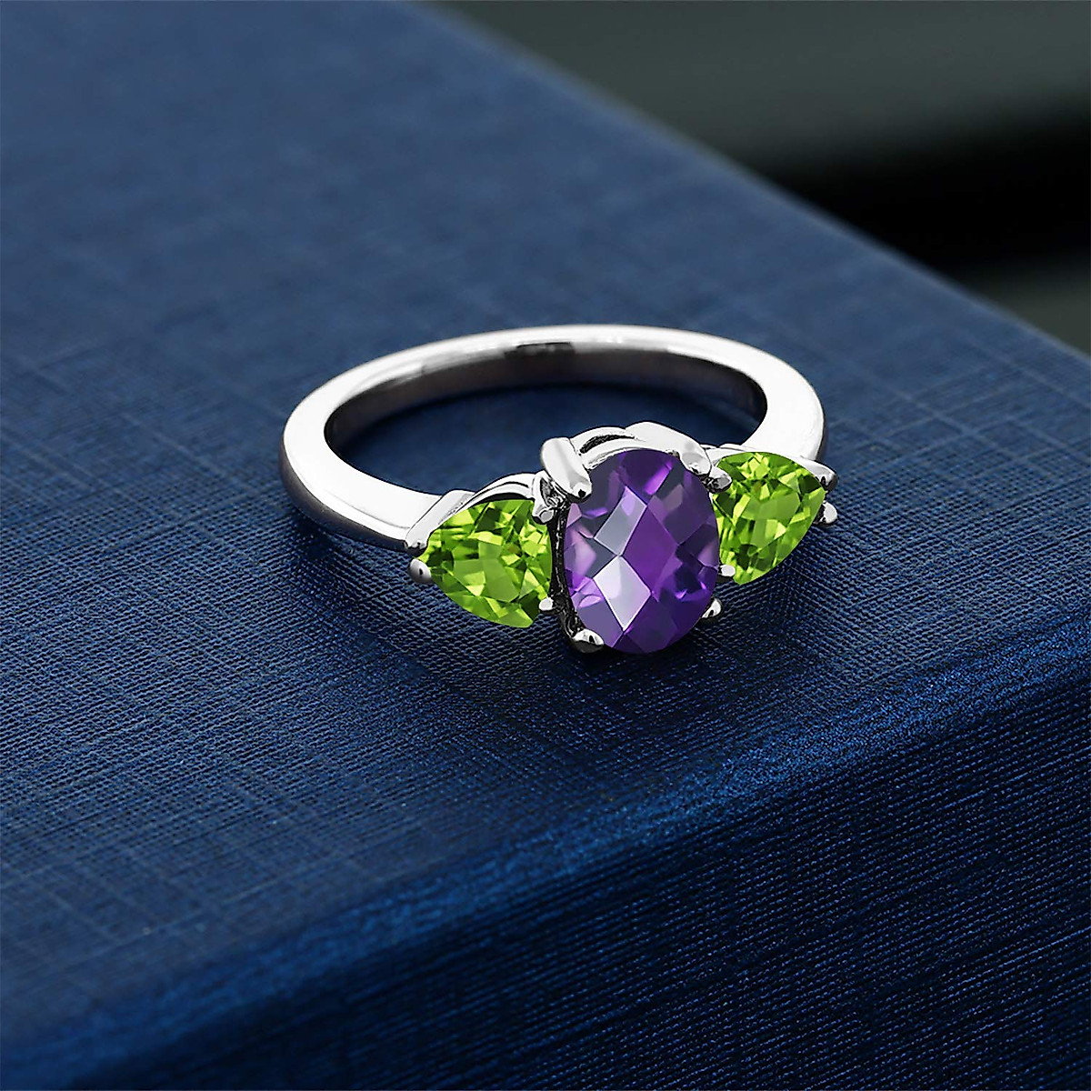 Gem Stone King 925 Sterling Silver Amethyst and Peridot 3-Stone Ring for Women (1.96 Ct Checkerboard, Available in size 5, 6, 7, 8, 9)